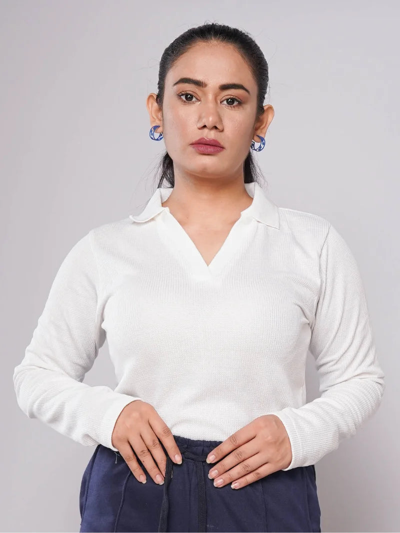 Johnny Collar Ribbed Knit Polo - White (Full Sleeves) – Denim600