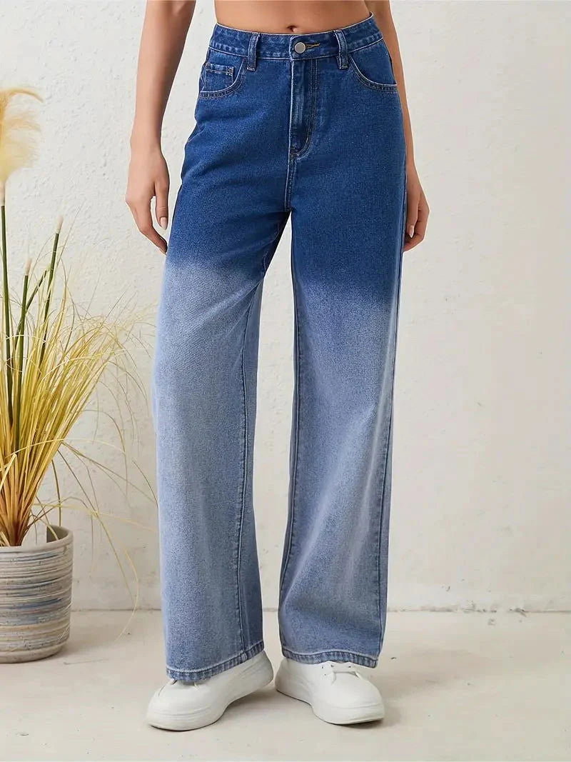 Trendy Two-Tone Wide-Leg Jeans – High-Waisted Comfort for Women – Denim600